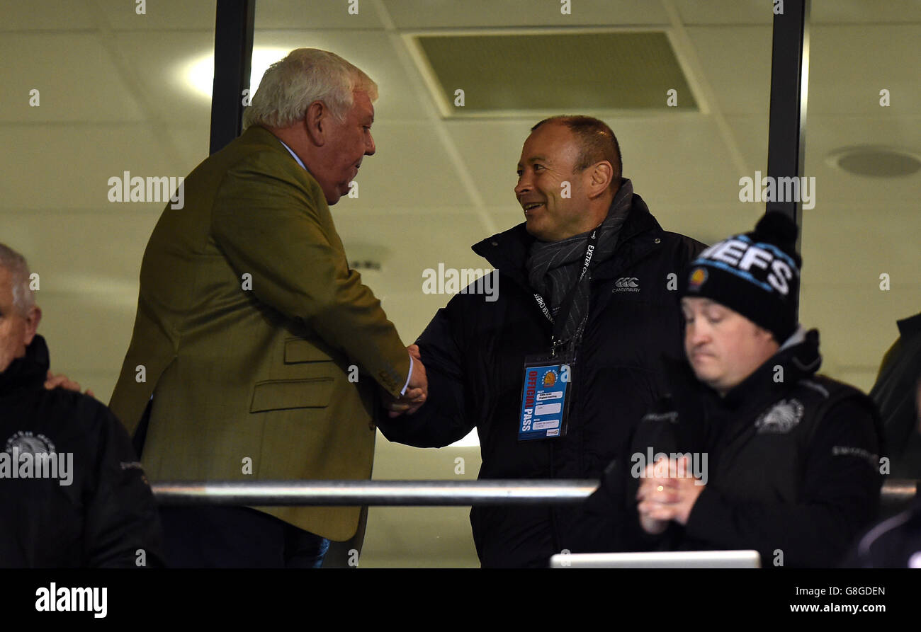 England head coach Eddie Jones (right) shakes the hand of Exeter Chiefs ...