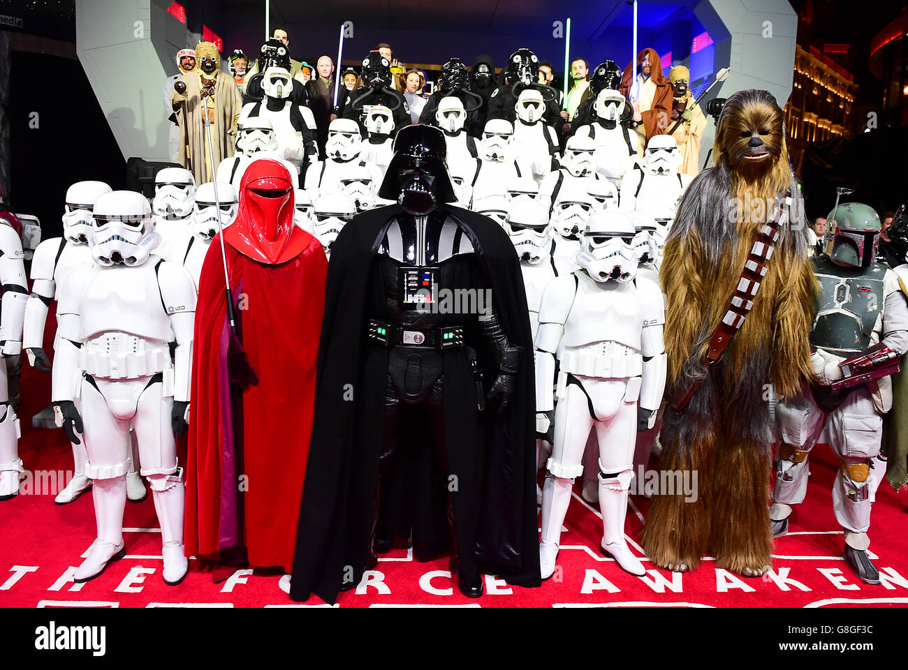 Actors in Star Wars character costumes attending the Star Wars: The ...