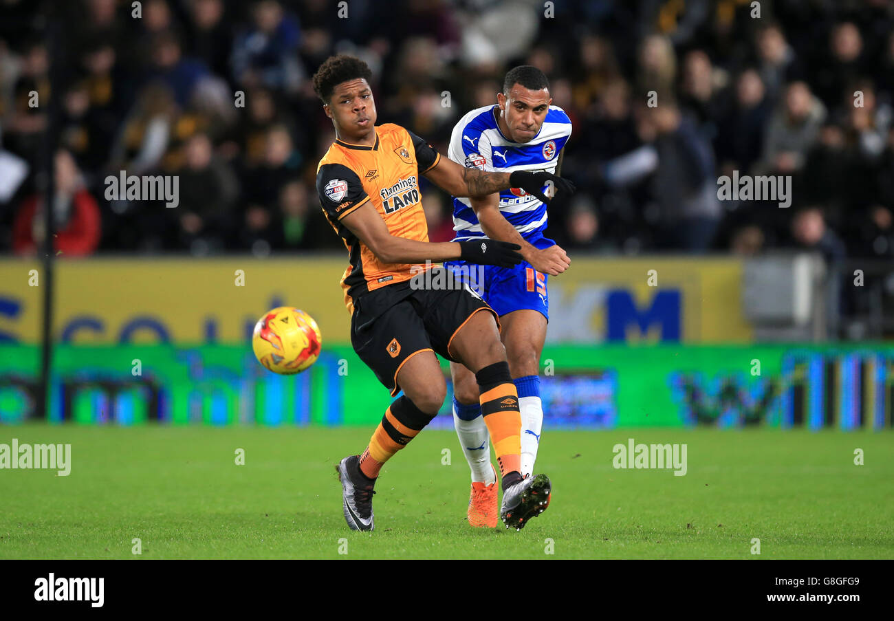 Reading's Anton Ferdinand (right) and Hull City's Chuba Akpom battle ...