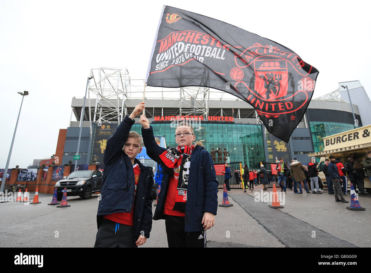 Manchester United fans Jake Kelly (left) and Caoimhin O'Hare show their ...
