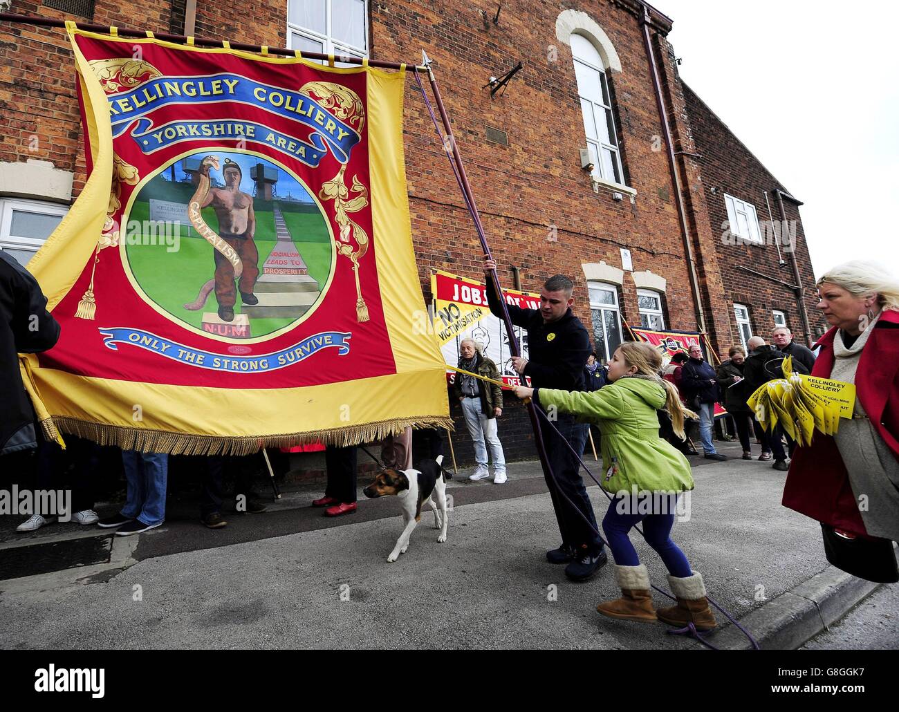 The Kellingley Colliery banner is prepared as thousands of miners and ...