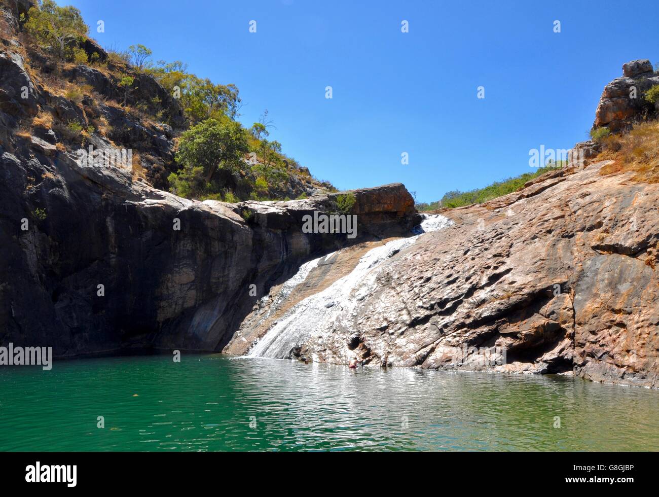 Rock pools and trickling waterfall at Serpentine Falls with native ...