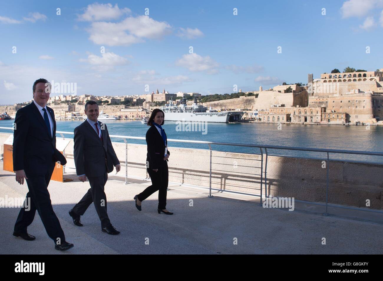 Prime Minister David Cameron (left) arrives at Fort Angelo in Valletta ...