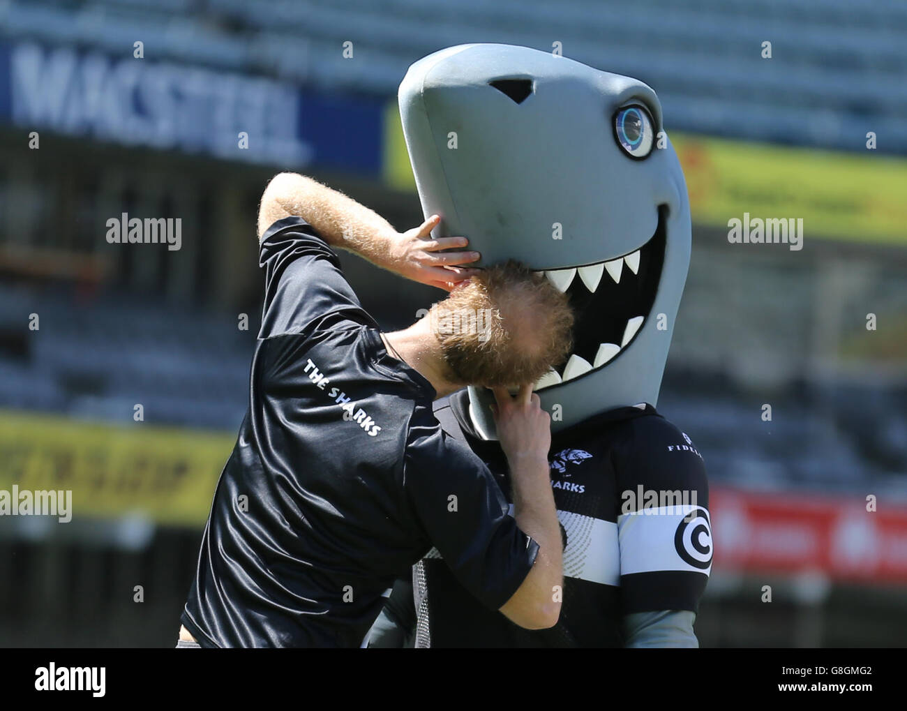 Prince Harry meets the mascot Sharkie as he walks onto the pitch at ...