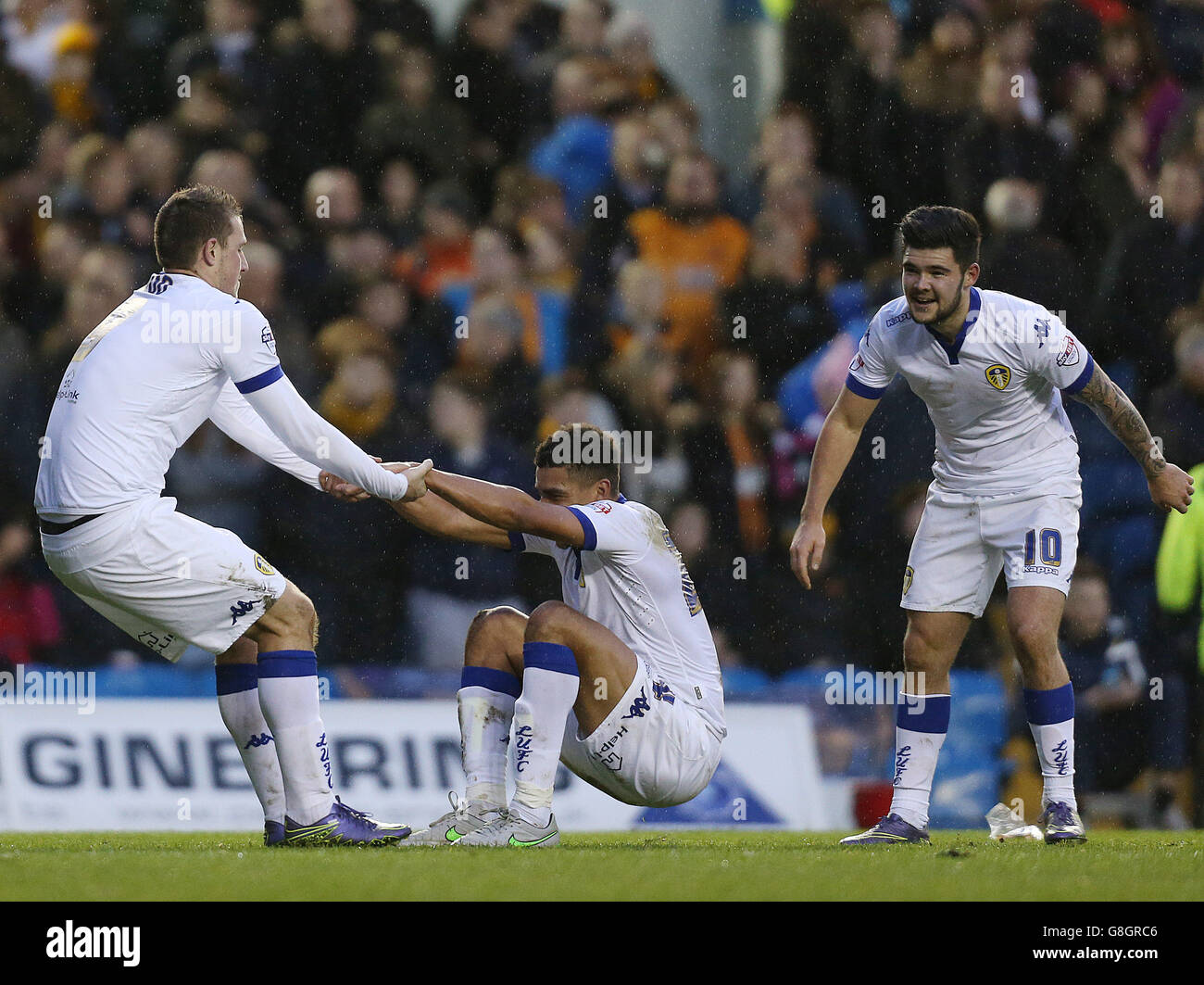 Tom Adeyemi (centre) celebrates scoring his side's second goal of the ...