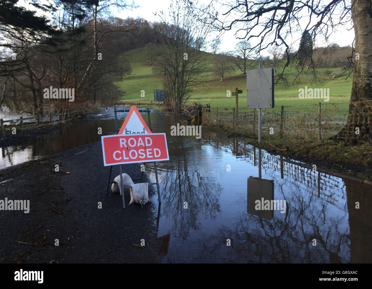 The blocked A592 in Cumbria into Glenridding after the river that runs ...