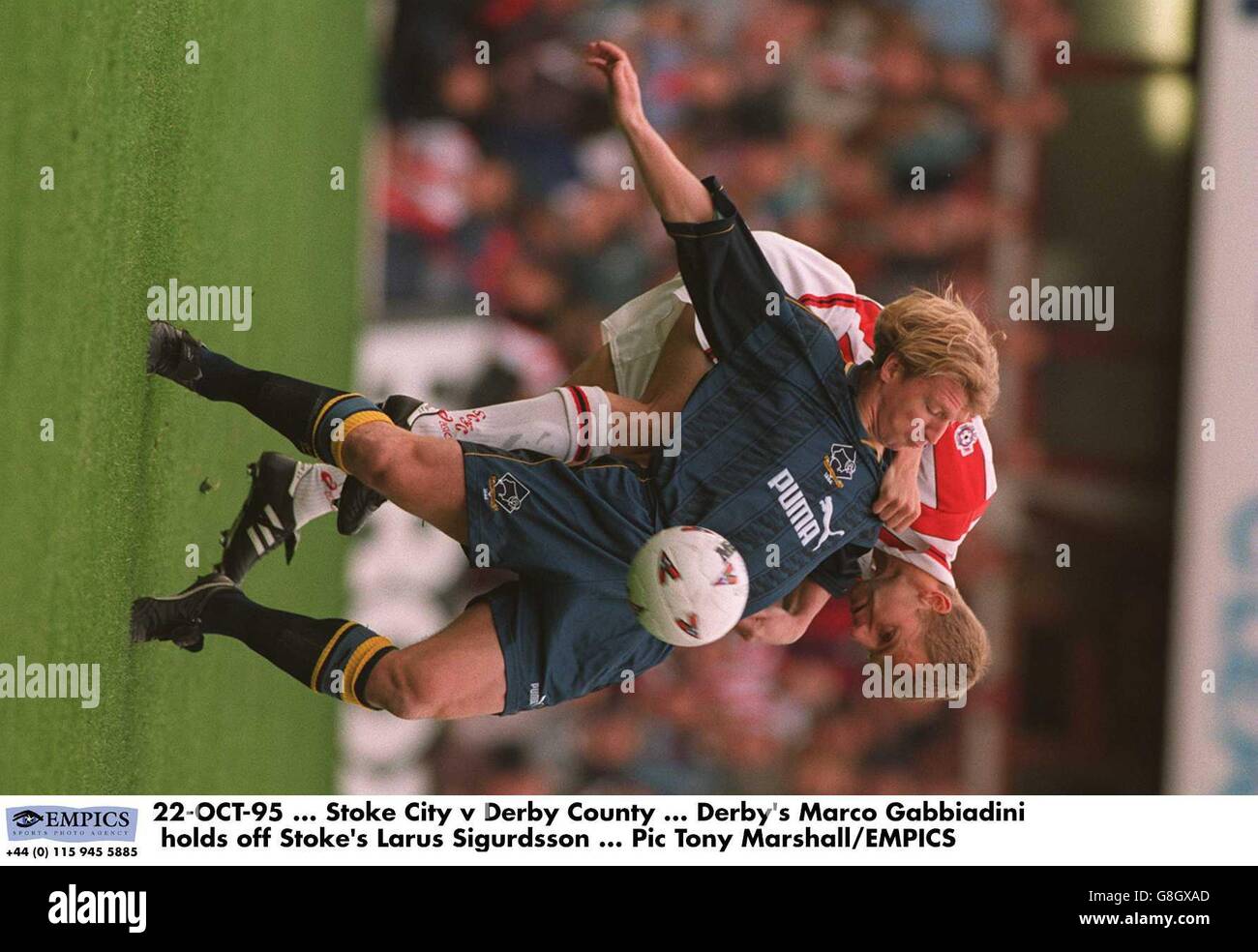 22-OCT-95, Stoke City v Derby County, Derby's Marco Gabbiadini holds ...