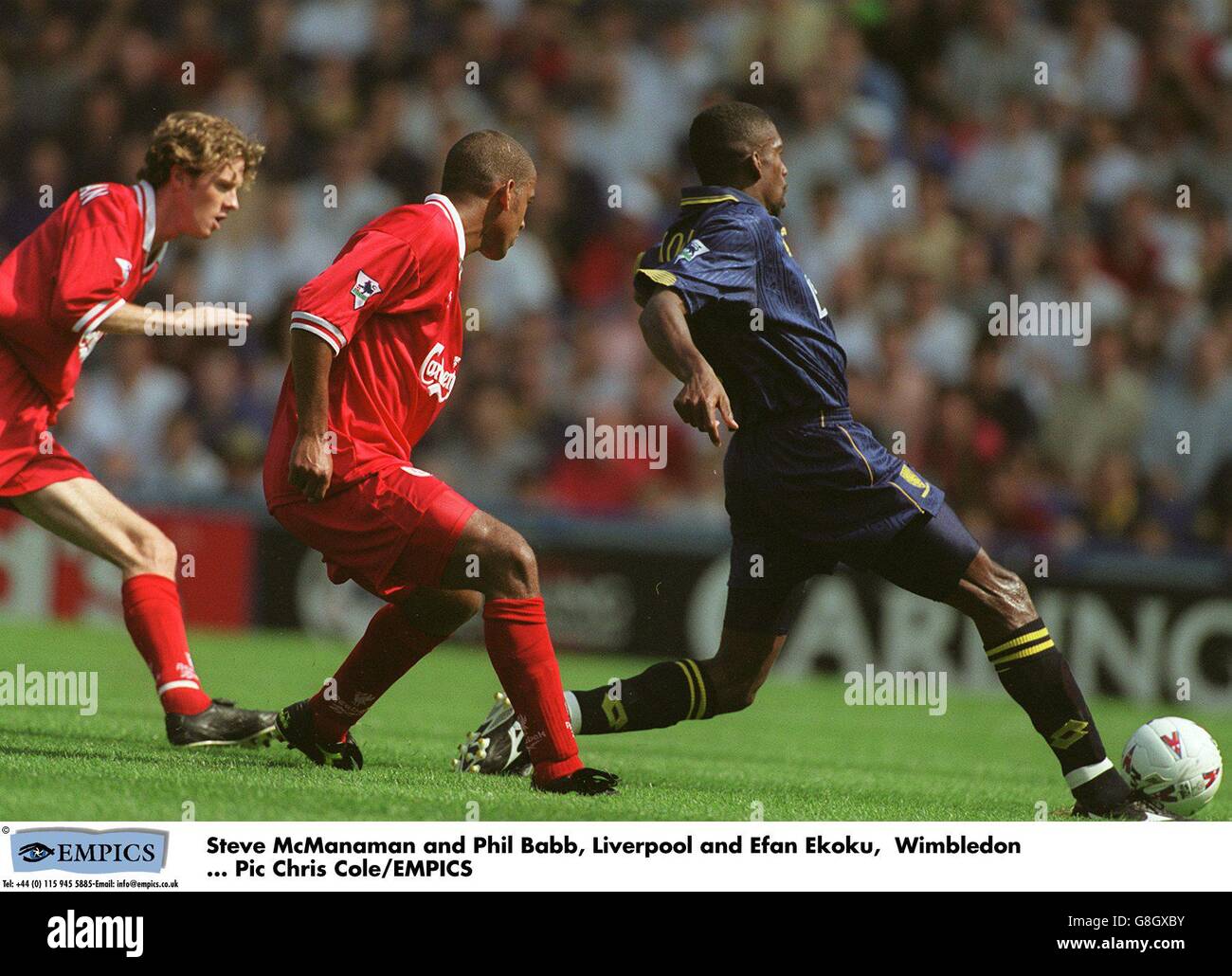 Steve McManaman and Phil Babb, Liverpool and Efan Ekoku, Wimbledon ...