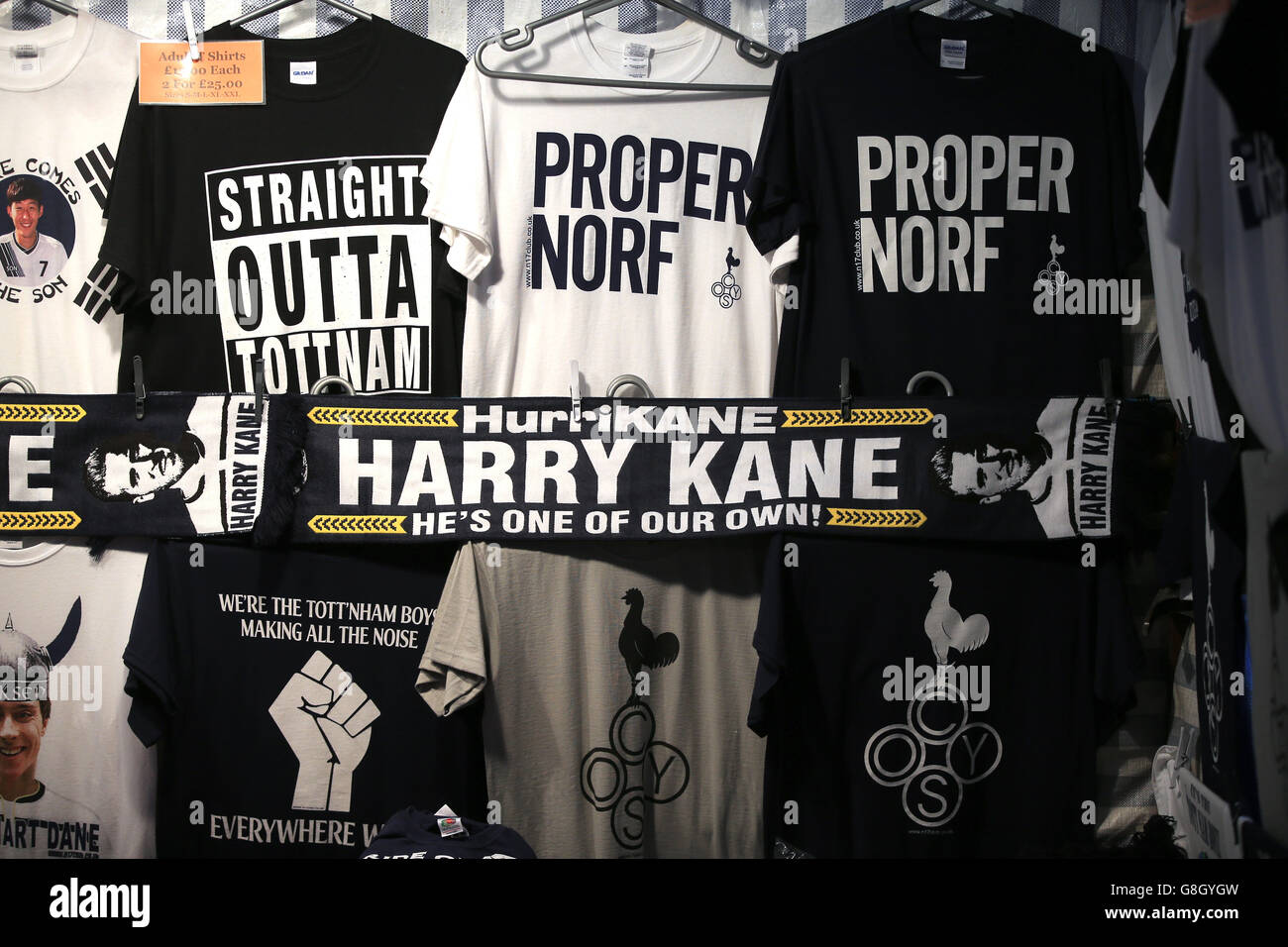 Tottenham Hotspur merchandise is displayed on a stall outside the ...