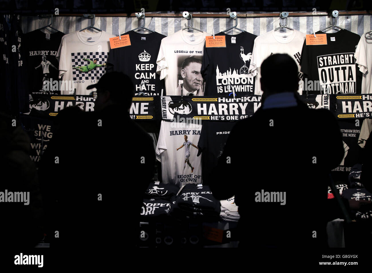 Tottenham Hotspur merchandise is displayed on a stall outside the ...