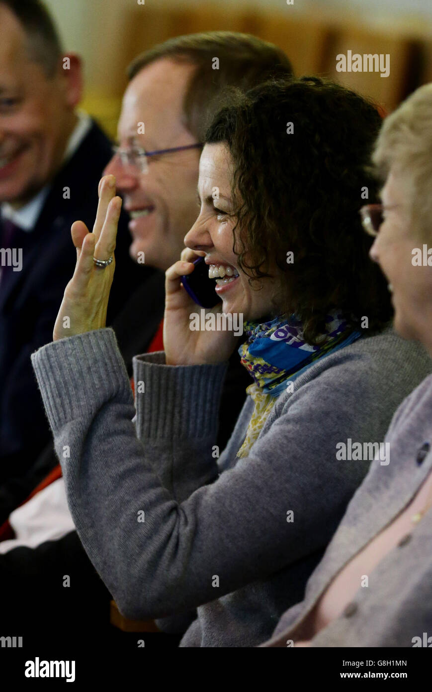 Rebecca Peake (middle) wife of British astronaut Tim Peake waves as she ...
