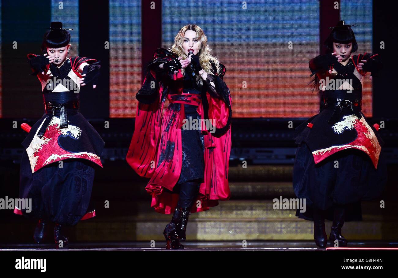 Madonna performing on stage during her Rebel Heart tour at the O2 Arena ...