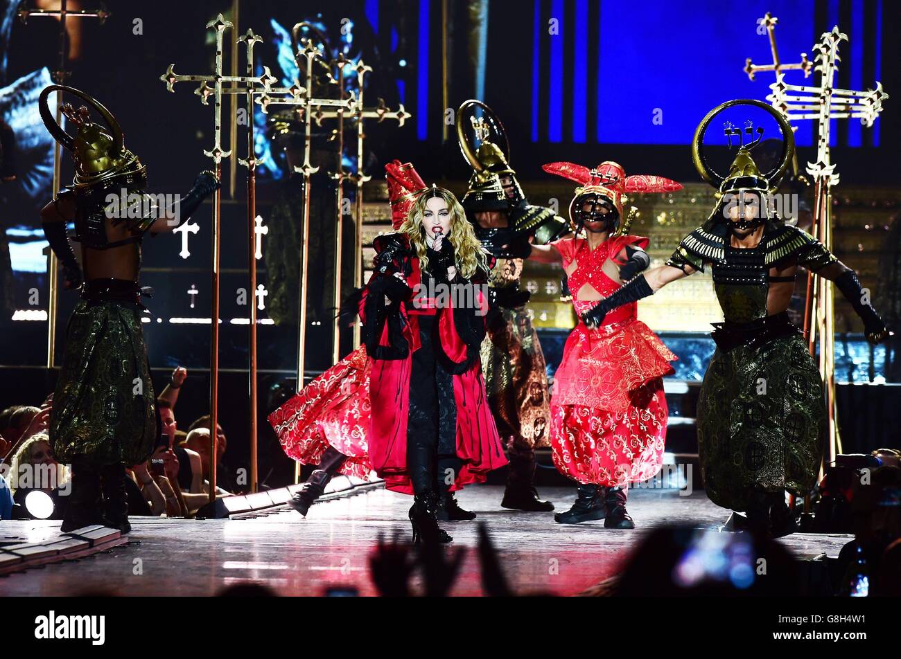 Madonna performing on stage during her Rebel Heart tour at the O2 Arena ...