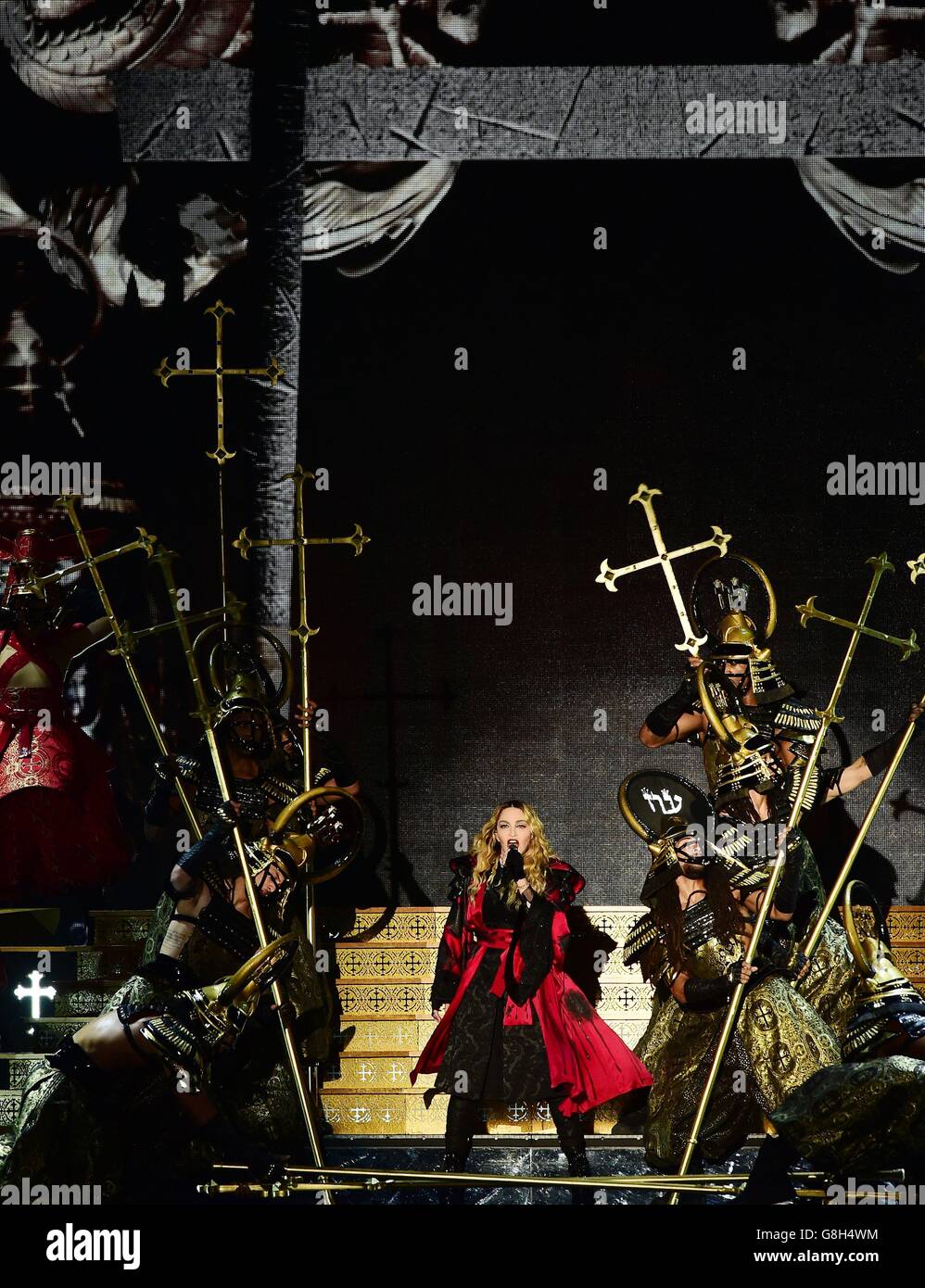 Madonna performing on stage during her Rebel Heart tour at the O2 Arena ...