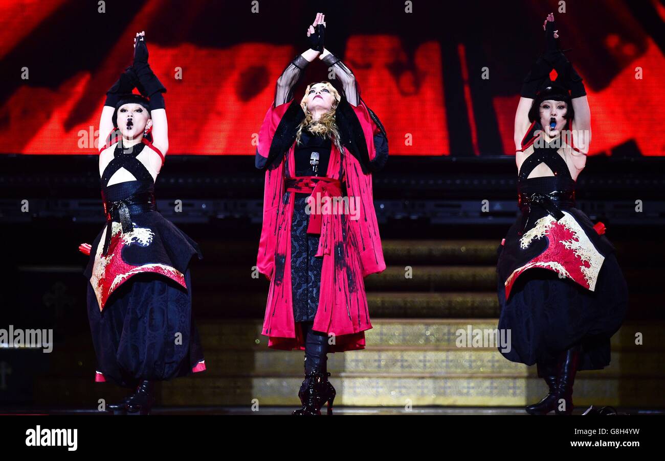 Madonna performing on stage during her Rebel Heart tour at the O2 Arena ...