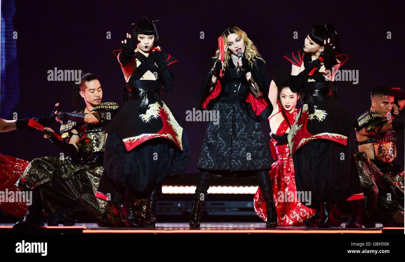 Madonna performing on stage during her Rebel Heart tour at the O2 Arena ...