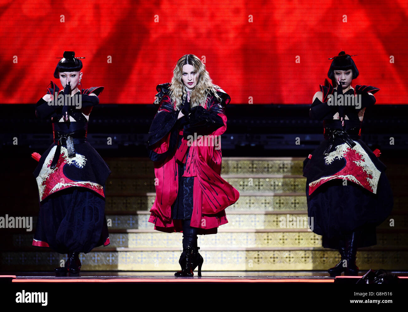 Madonna performing on stage during her Rebel Heart tour at the O2 Arena ...
