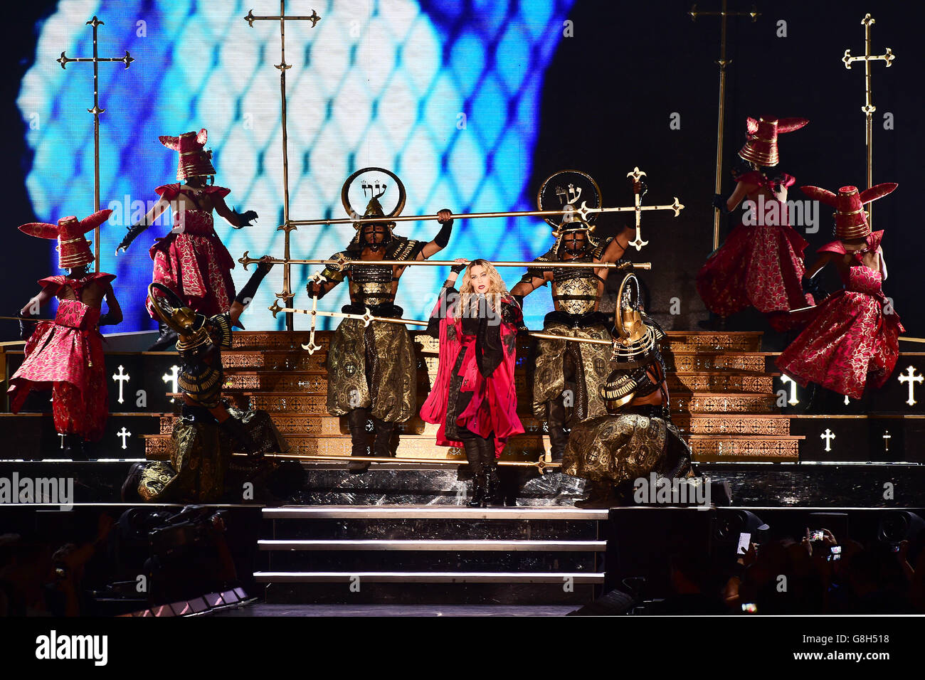 Madonna performing on stage during her Rebel Heart tour at the O2 Arena ...