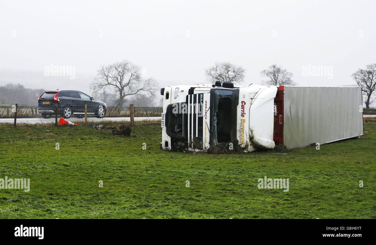 An overturned lorry on the A66 near Brough, as Storm Desmond hits the ...