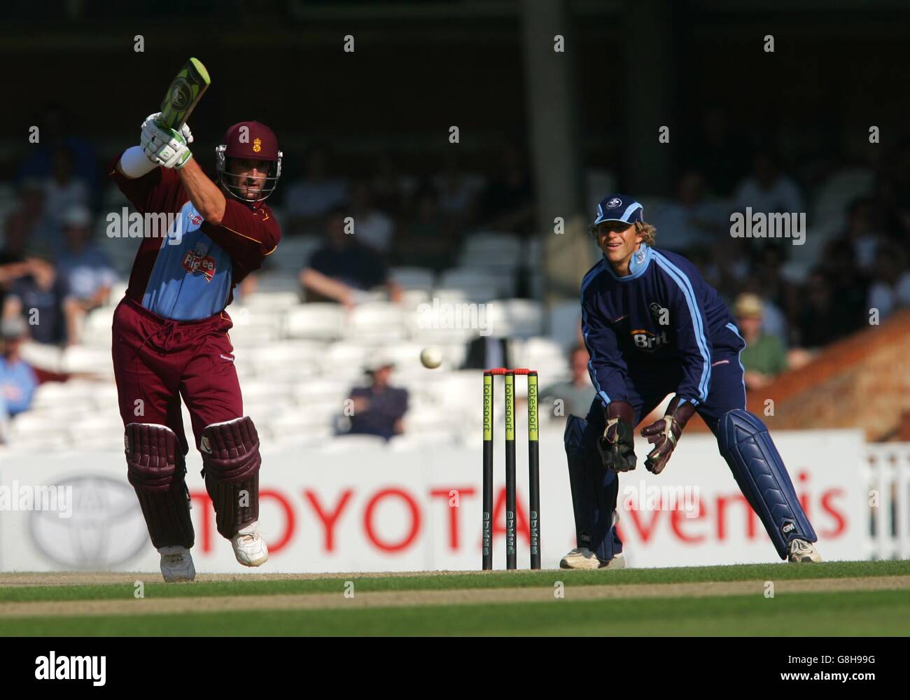 Derbyshire Scorpions' Michael Di Venuto hits four runs of the bowling ...