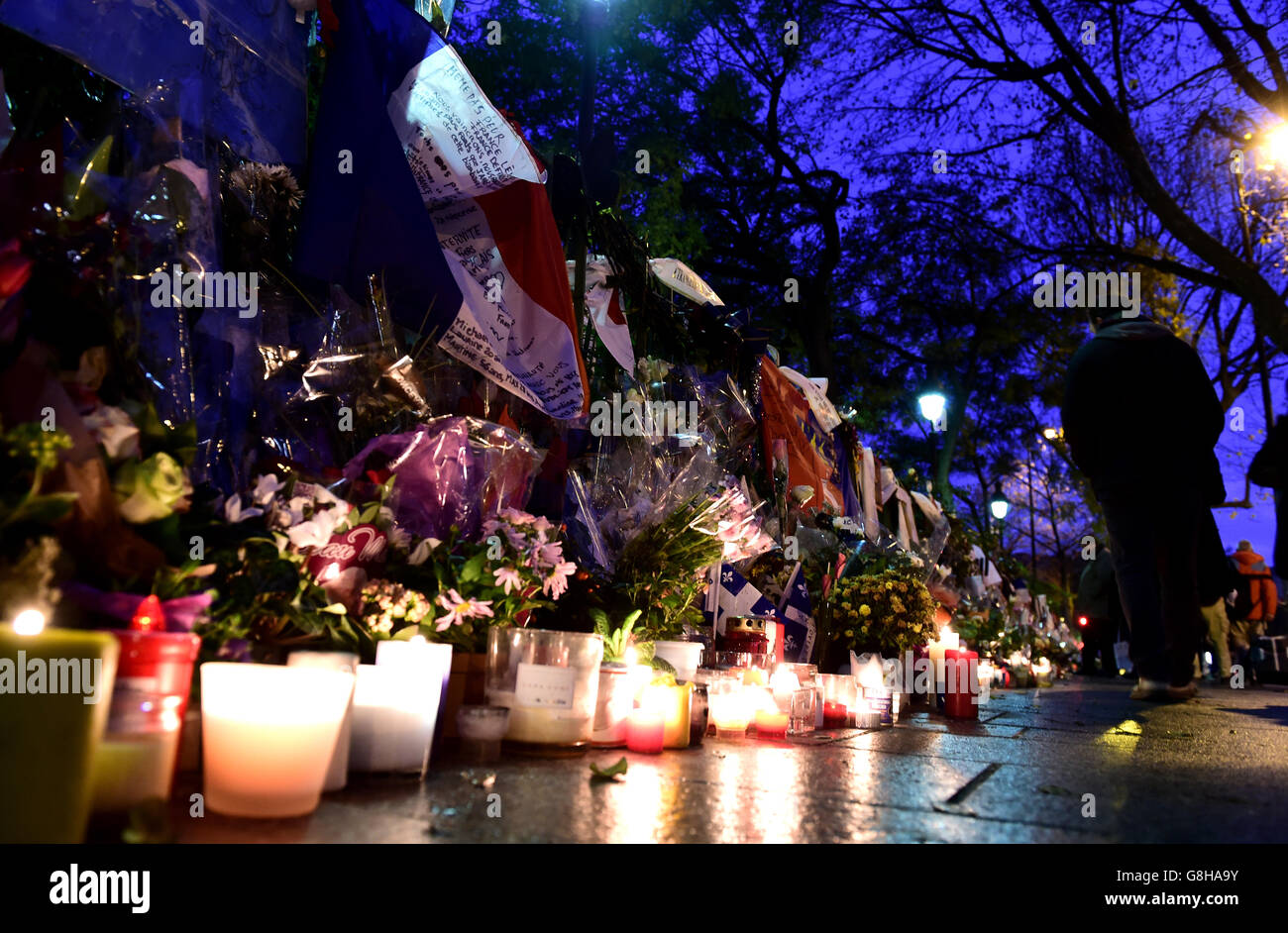 Floral tributes outside the Bataclan Theatre in memory of the victims ...