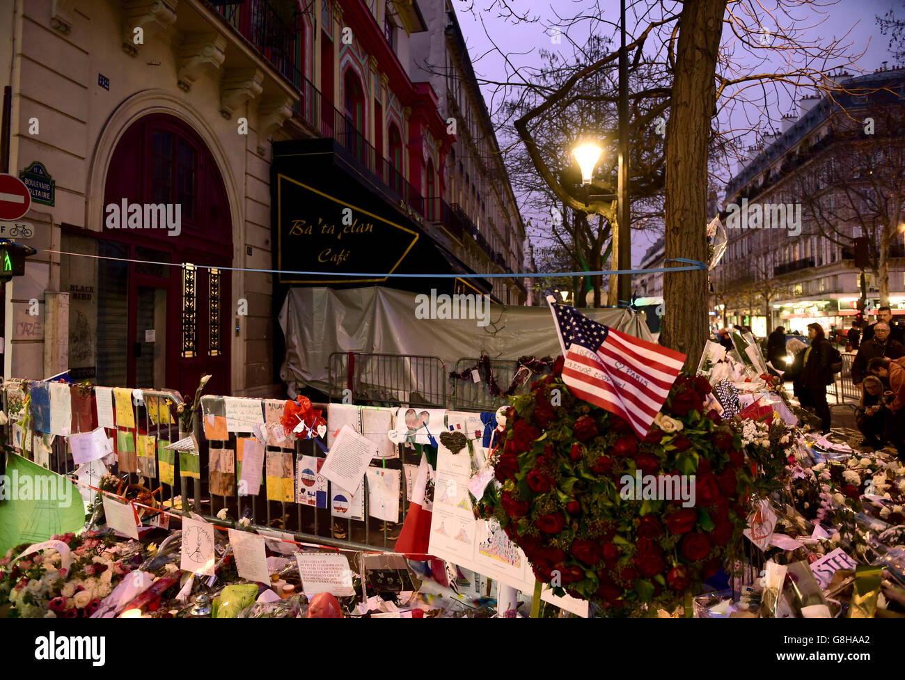 Floral tributes outside the Bataclan Theatre in memory of the victims ...