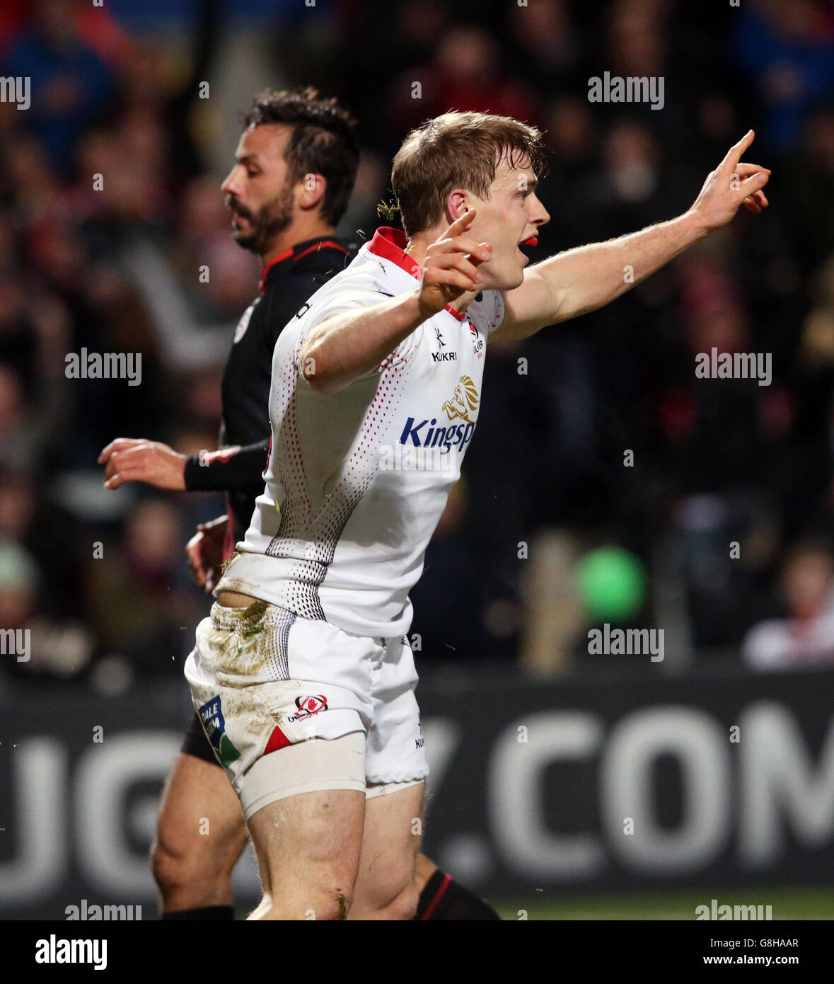 Ulster's Andrew Trimble celebrates scoring his side's second try during ...