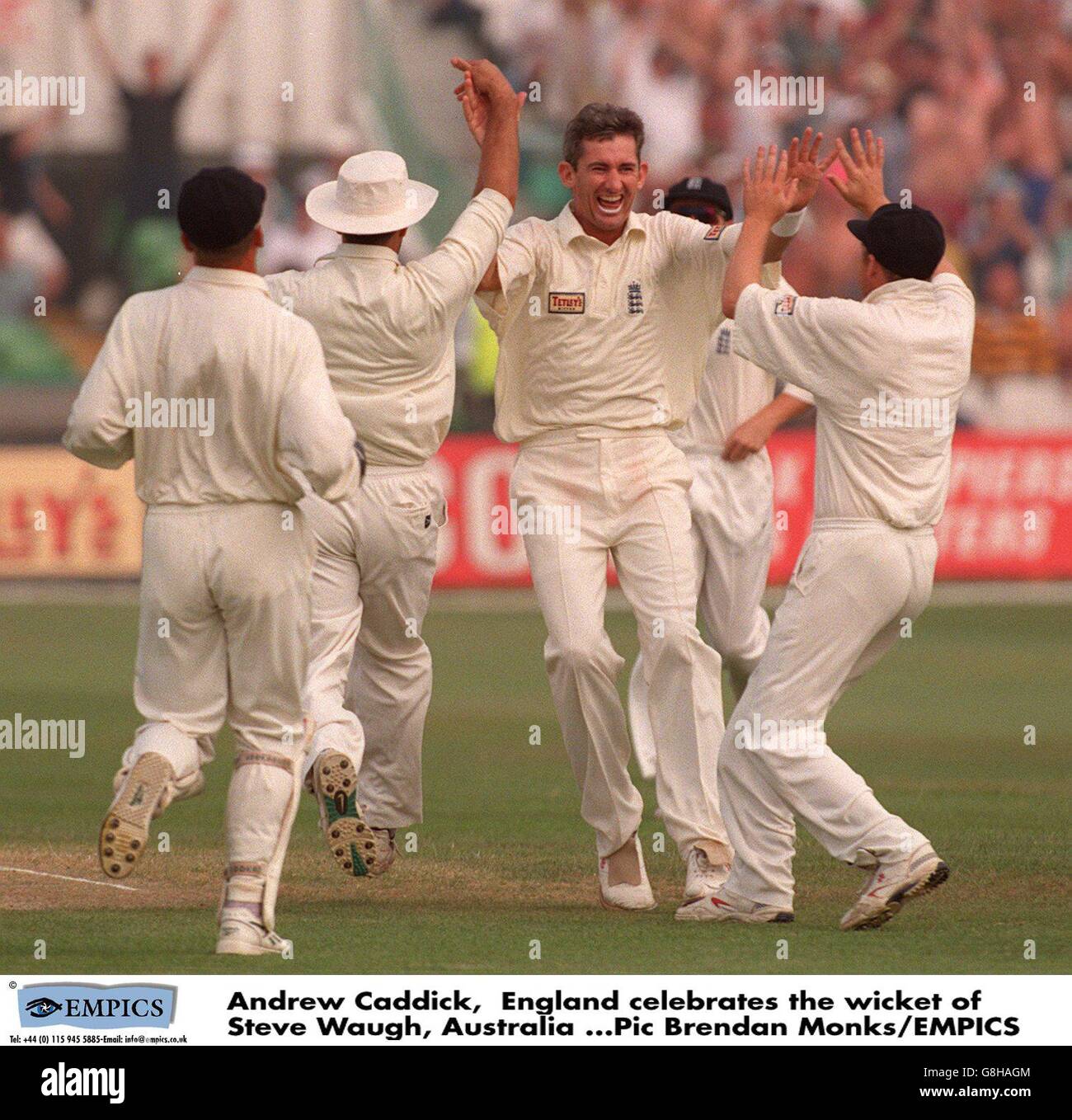 Andrew Caddick, England celebrates the wicket of Steve Waugh, Australia ...