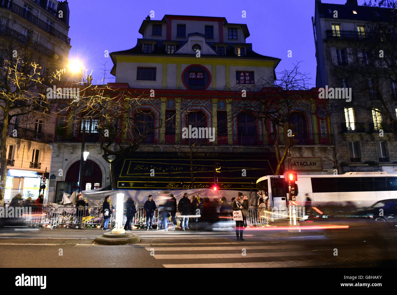 Floral tributes outside the Bataclan Theatre in memory of the victims ...