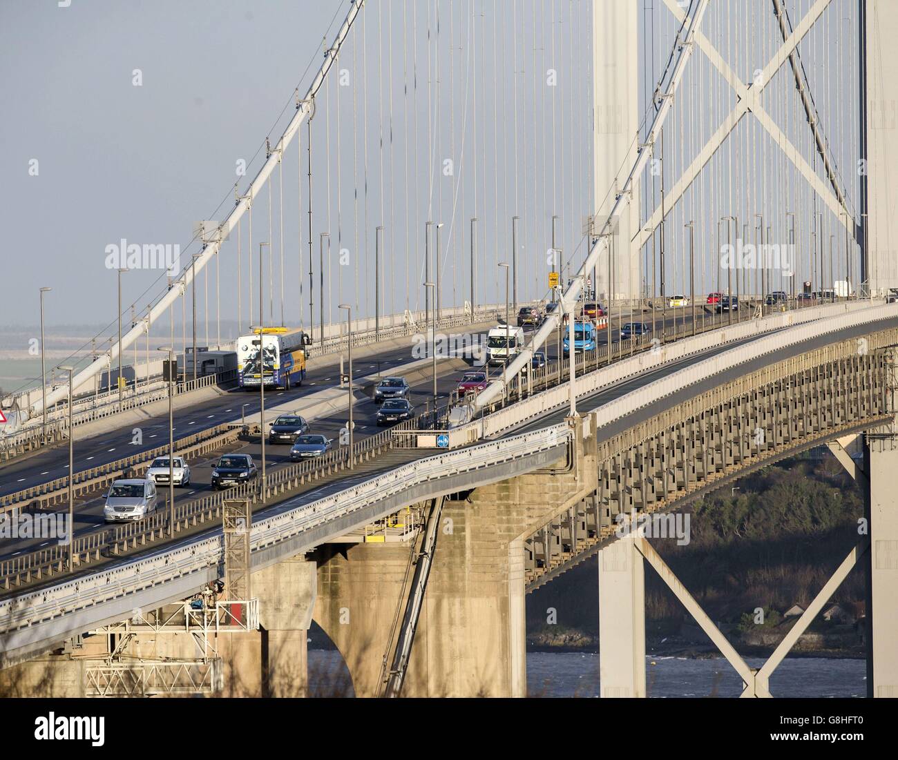 Cars drive over the Forth Road Bridge near Edinburgh in Scotland, as it ...