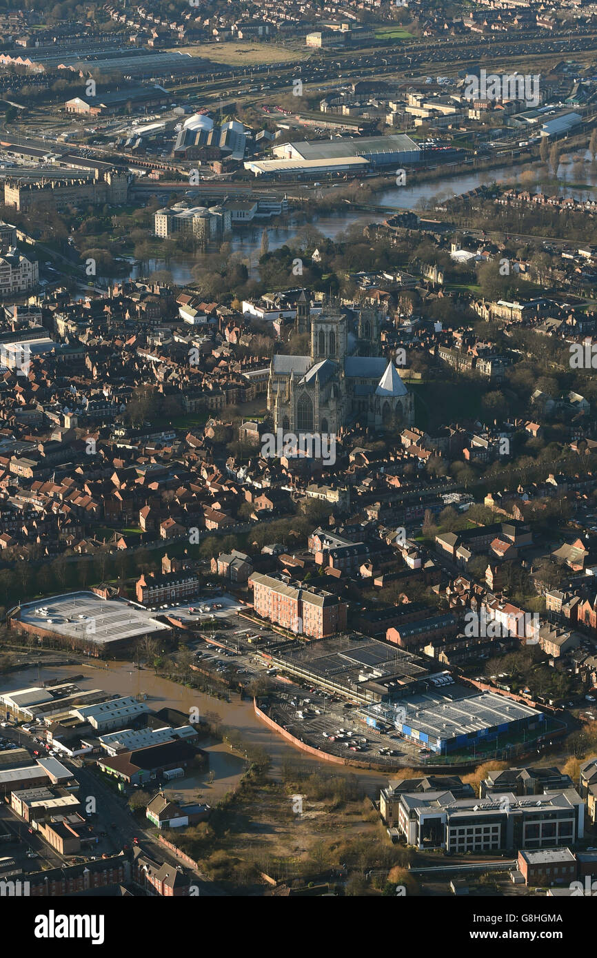A view of floodwater in York city centre, after the River Ouse and ...