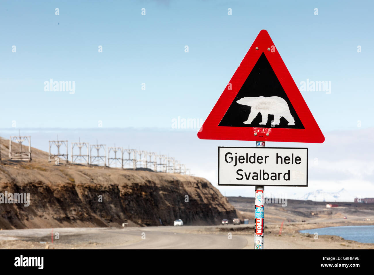 Roadside caution warning of Polar Bear risk throughout all Svalbard ...