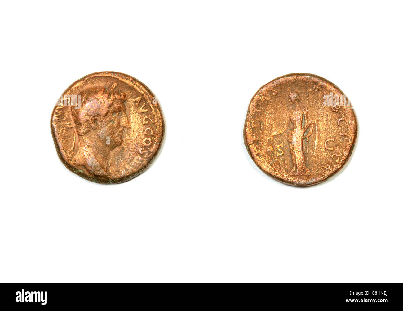 Ancient Roman coin on a white background. Emperor Hadrian and allegory ...