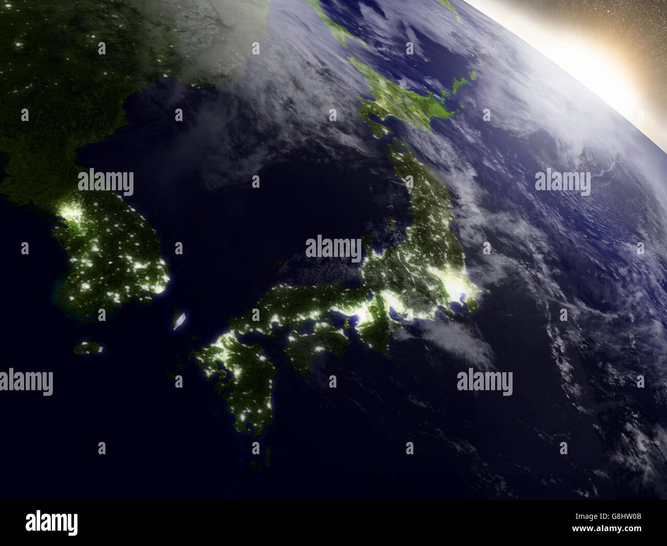 Japan with surrounding region during sunrise as seen from Earth's orbit ...