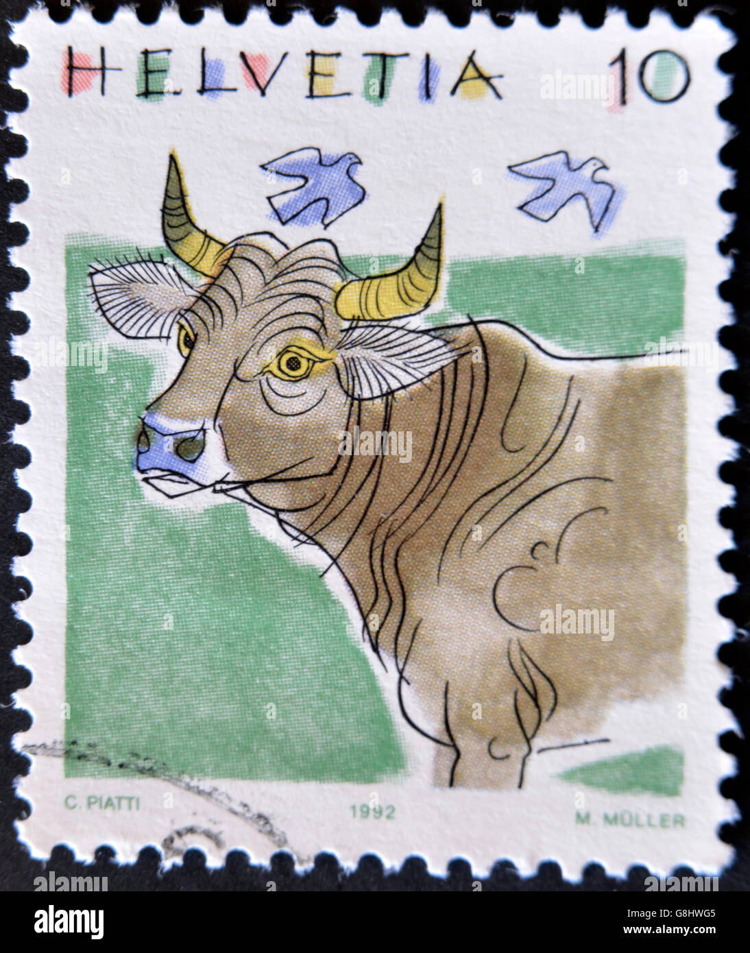 SWITZERLAND-CIRCA 1992: A stamp printed in Switzerland, shows a cow ...