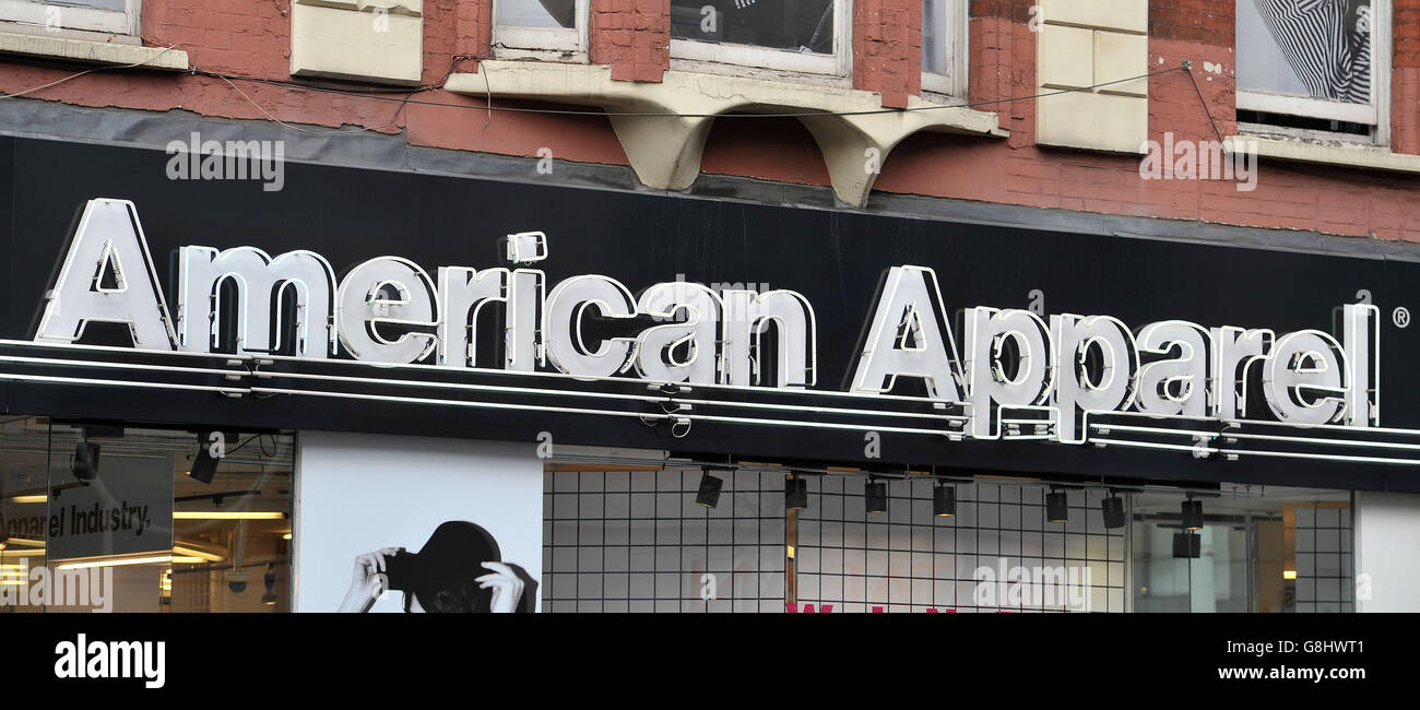 A shop sign for American Apparel in Oxford Street central London Stock ...