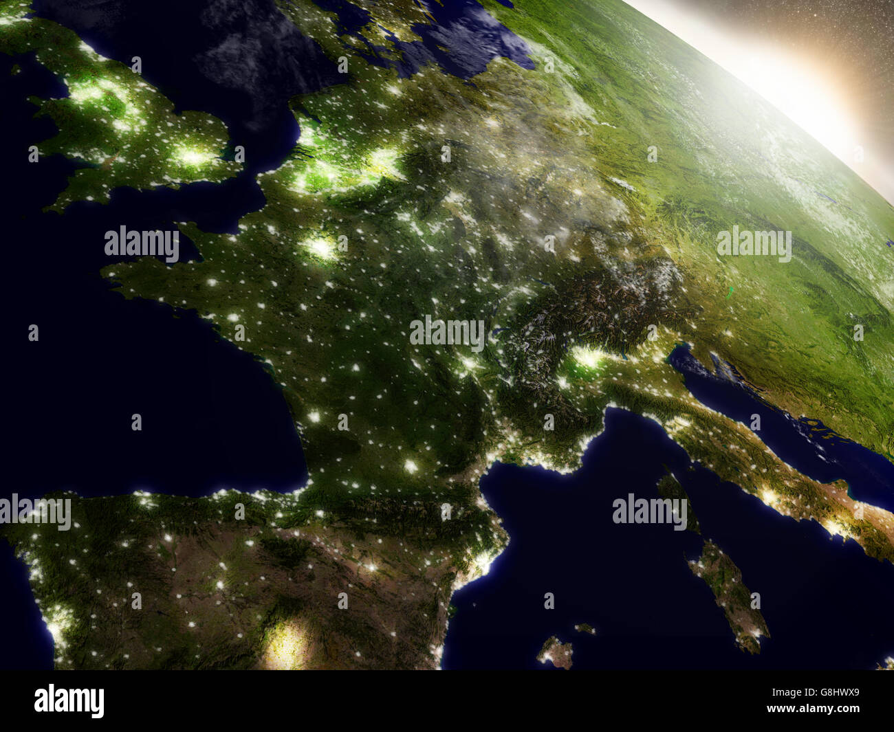 France with surrounding region during sunrise as seen from Earth's ...