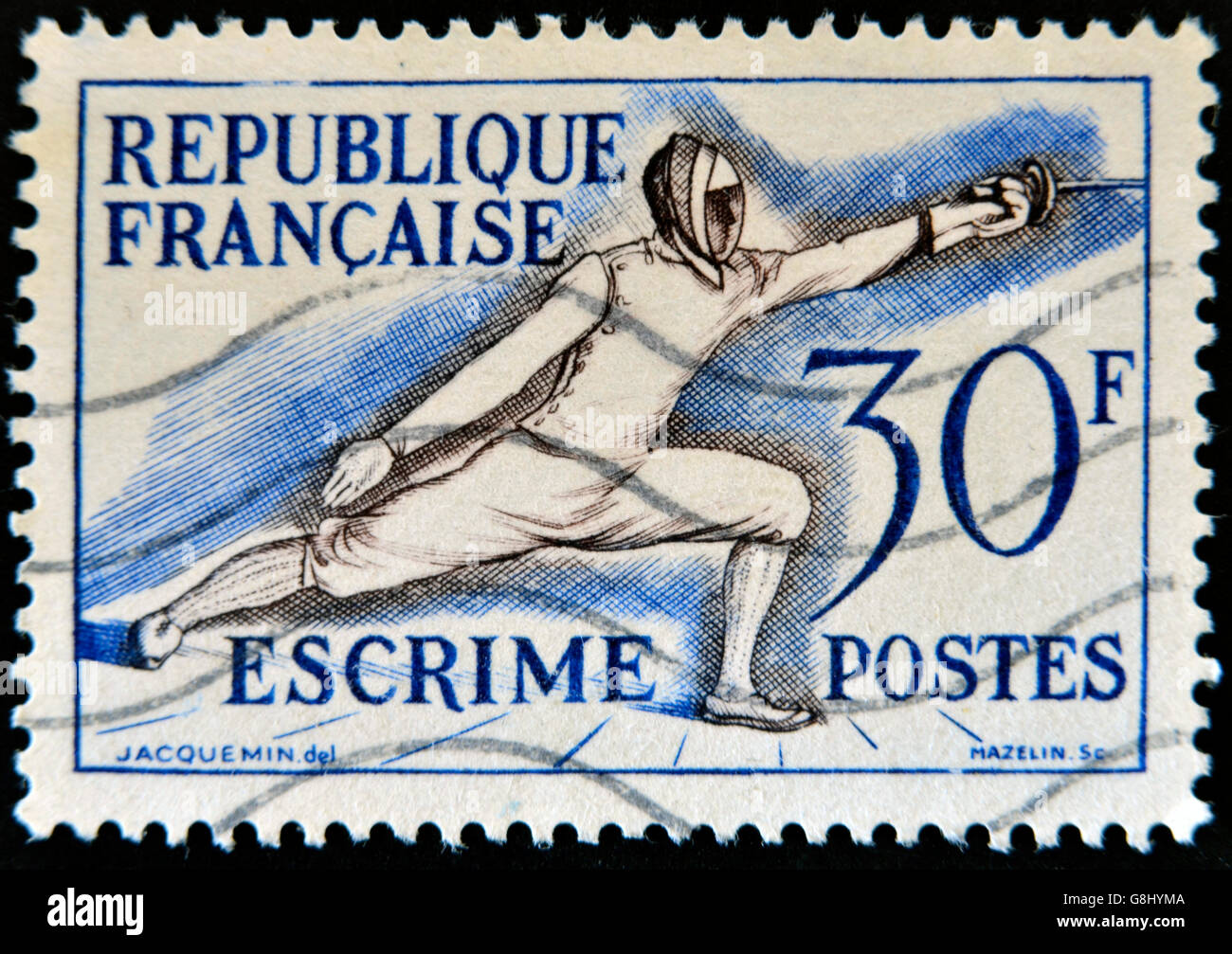 FRANCE - CIRCA 1953: A stamp printed in France devoted to fencing ...