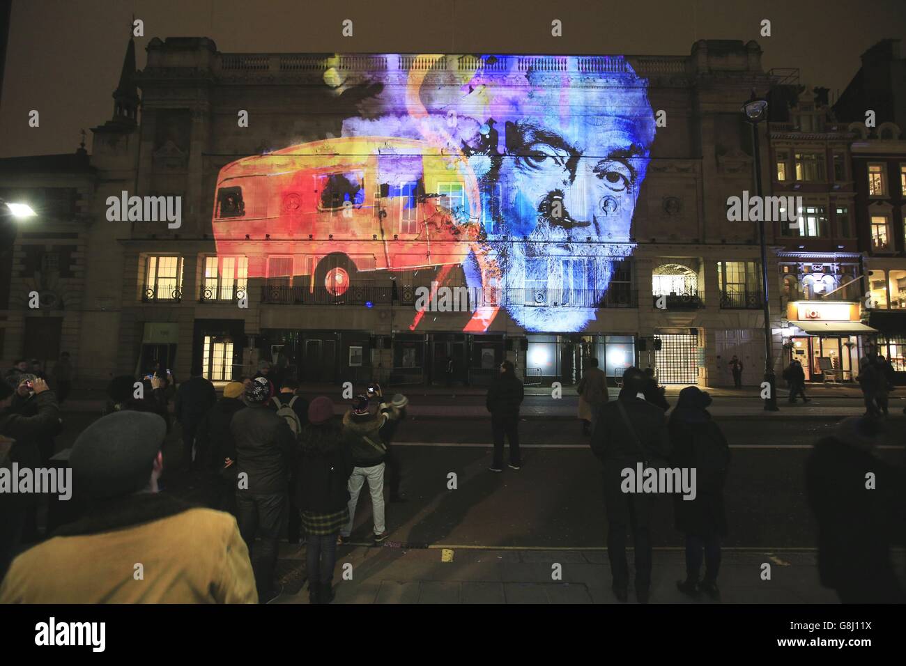 The face of director Mike Leigh is projected onto the BAFTA building in ...