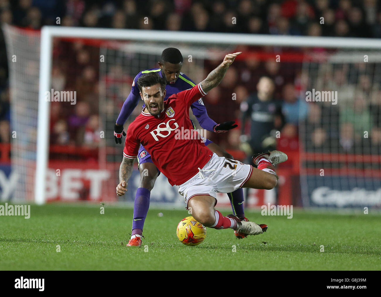 Bristol City's Marlon Pack (front) and Charlton Athletic's El-Hadji Ba ...