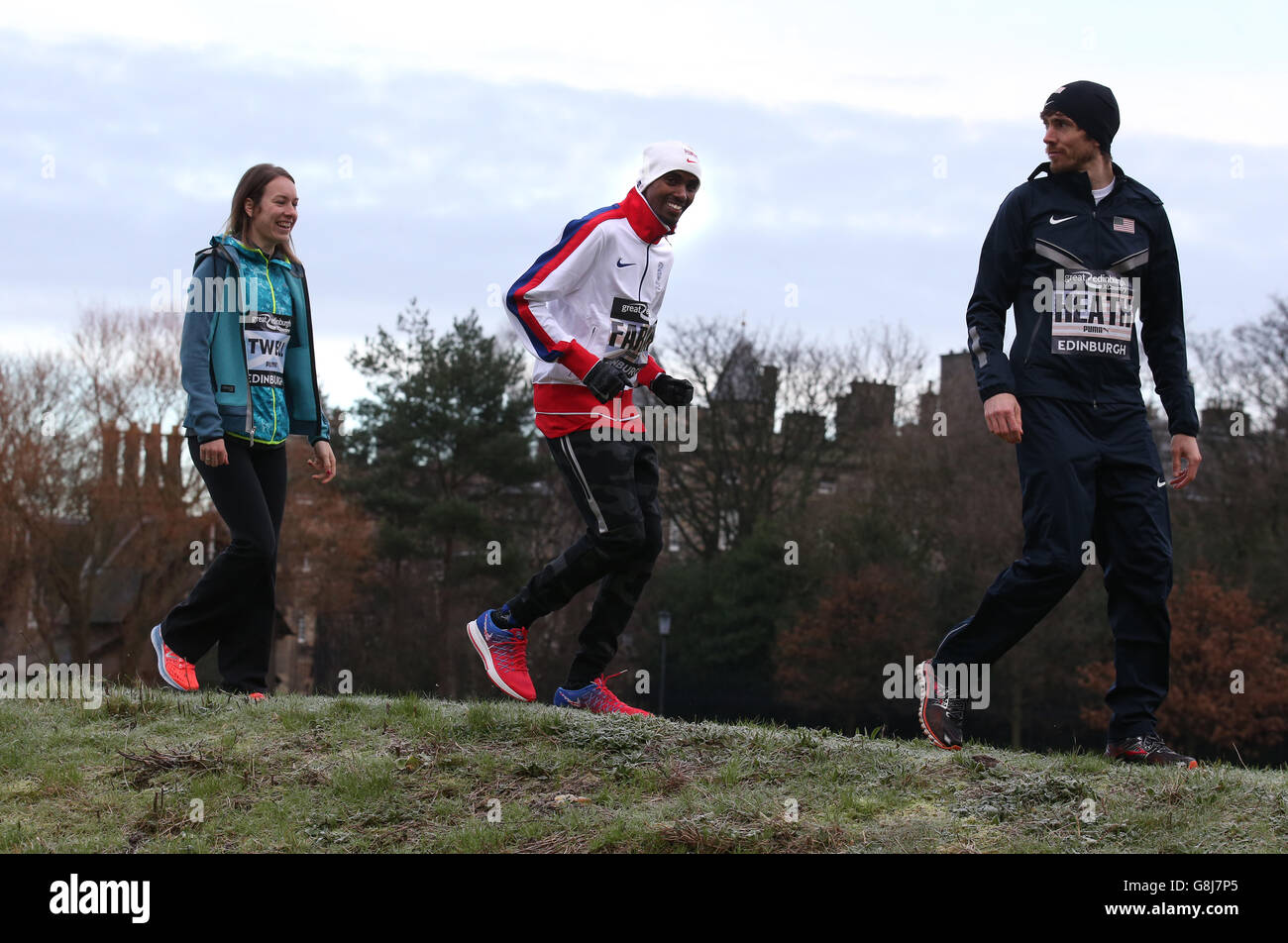 Mo Farah (centre) with fellow competing athletes Steph Twell (left) and ...