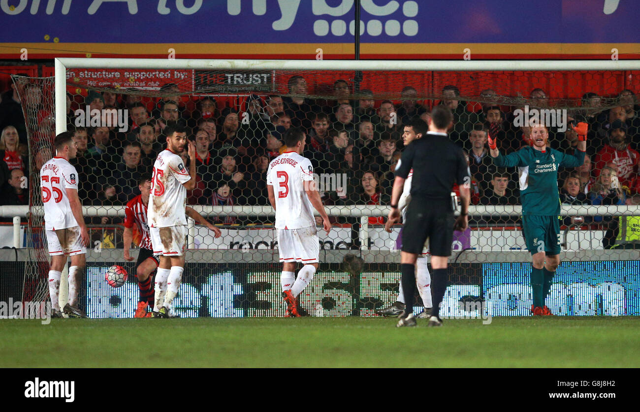 Liverpool goalkeeper Adam Bogdan (right) appeals to the referee after ...