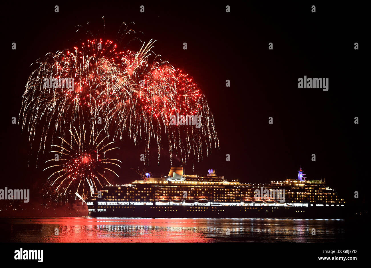 Fireworks are let off as Cunard's Queen Victoria, one of the Three ...