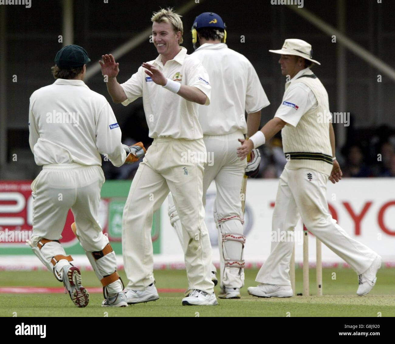 Australias brett lee celebrates taking a wicket hi-res stock ...