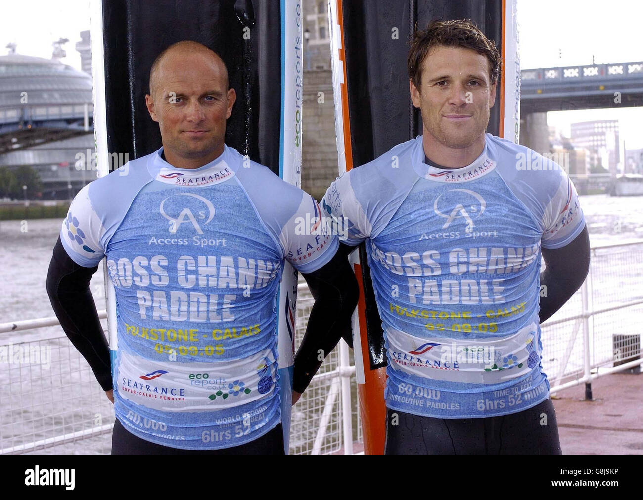 Olympic rower James Cracknell and surf coach Pete Craske, left, pose by ...