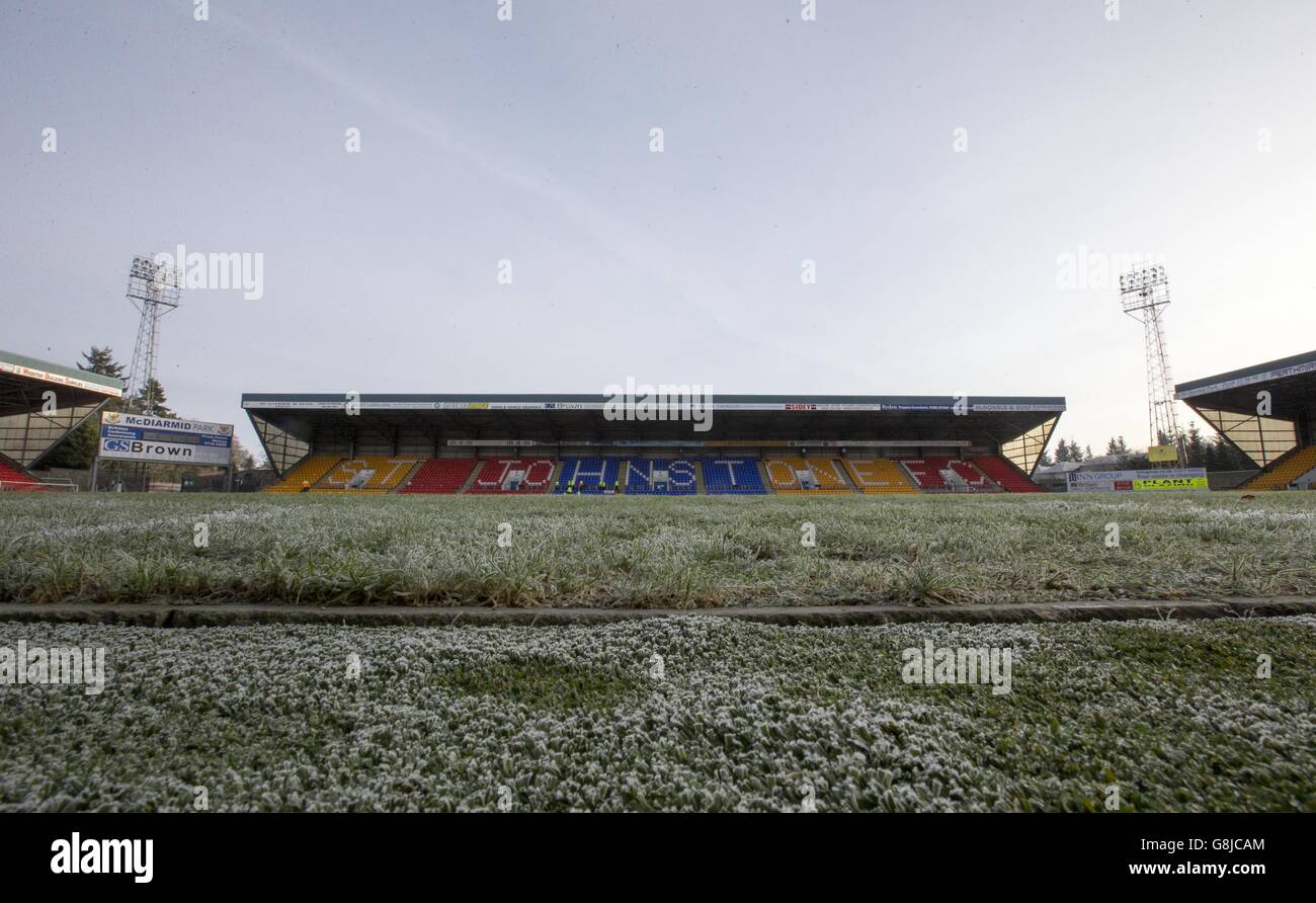 A general view of a frozen frost covered pitch during the Scottish ...