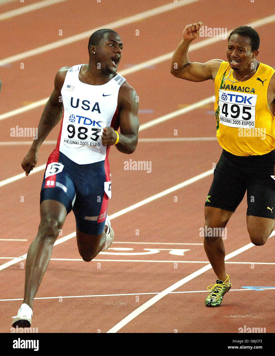 USA's Justin Gatlin celebrates as he crosses the finish line to win ...