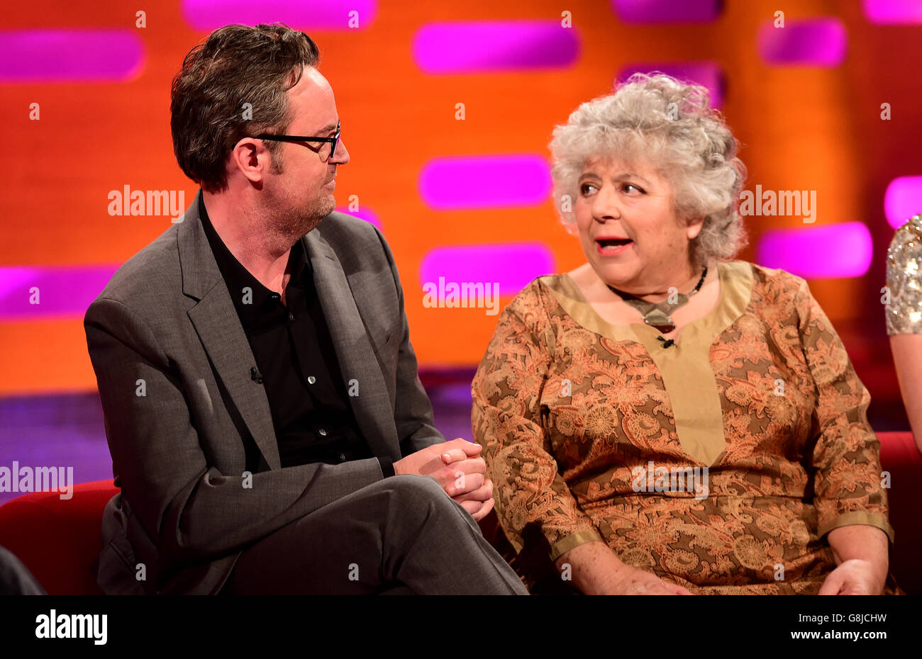 Matthew Perry (left) and Miriam Margolyes during filming of the Graham Norton Show at The London ...