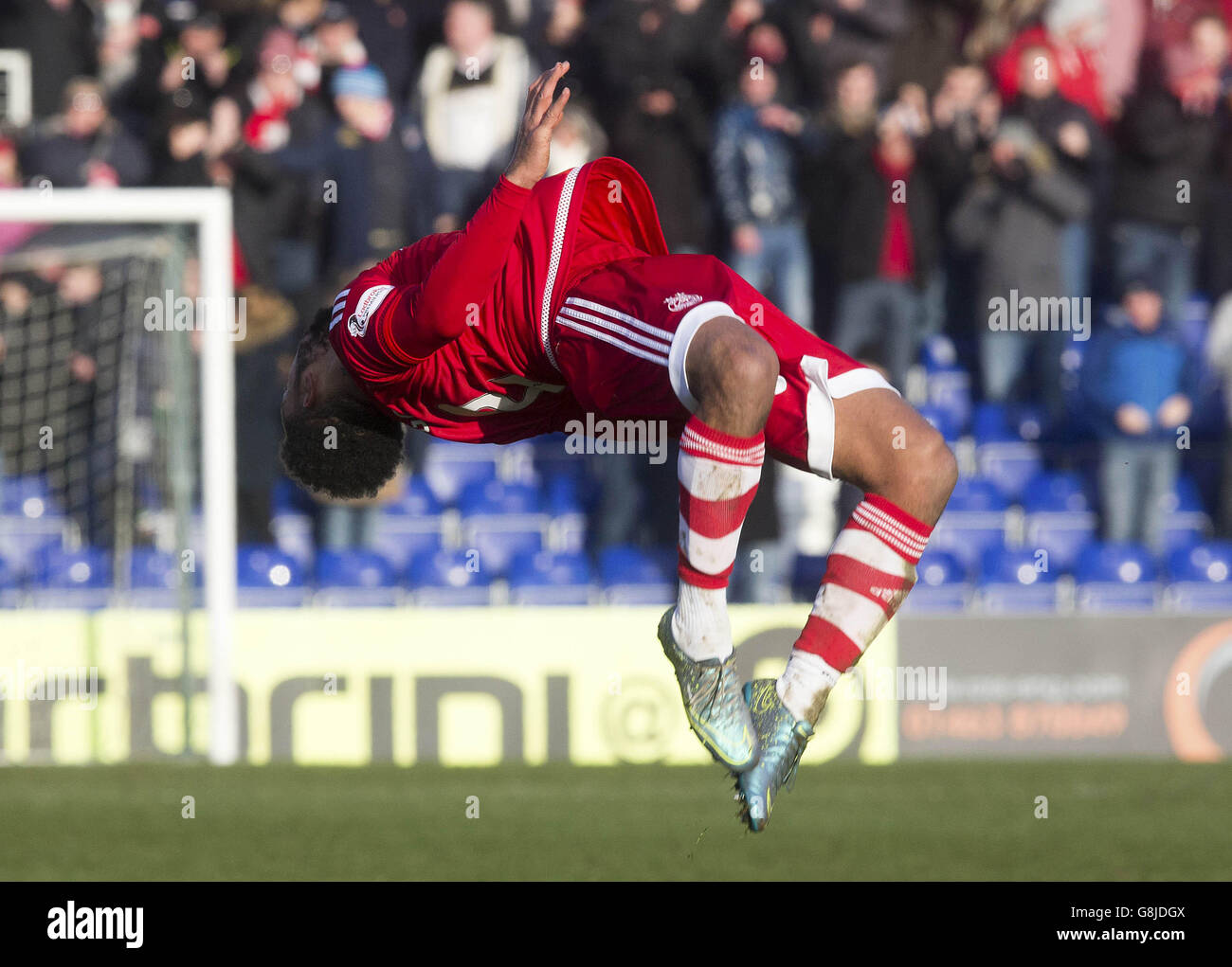 Aberdeen's Shaleum Logan celebrates scoring his side third goal during ...