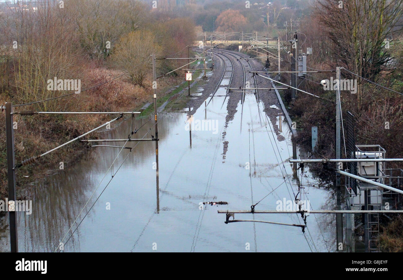 A flooded railway line at Kirkstall, Leeds, as swamped towns and cities ...
